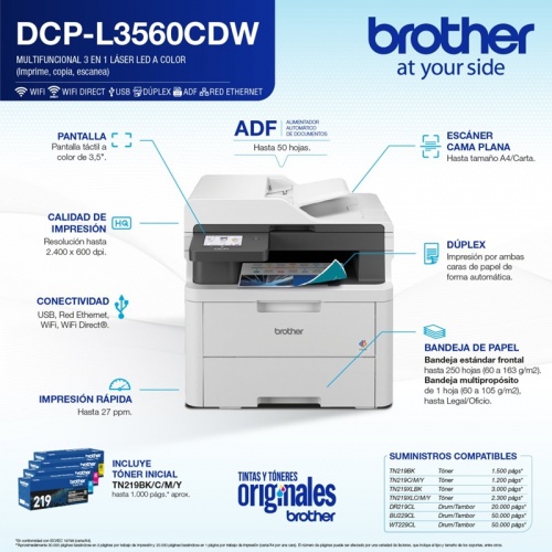 Impresora multifunción láser BROTHER DCP-L3560CDW con conectividad ...